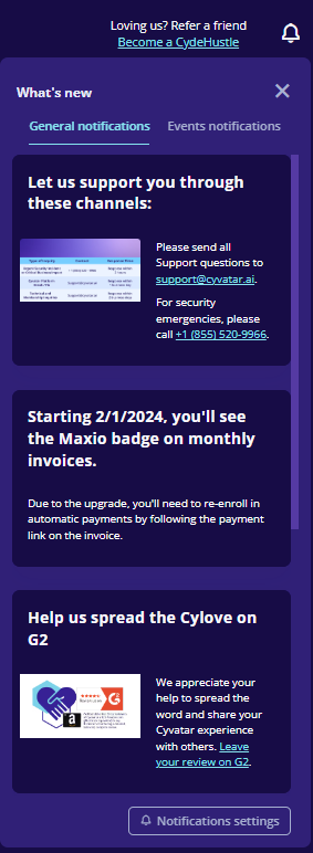 Cyvatar Platform User Guide: Notifications
